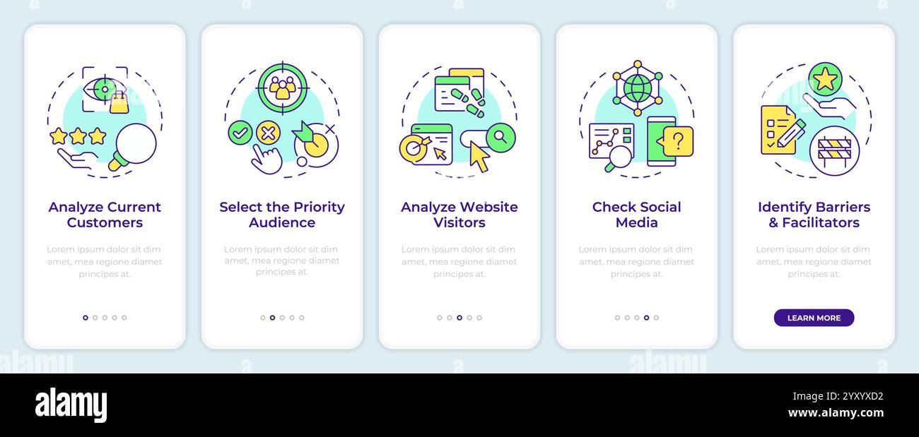 Steps To Perform Audience Analysis Onboarding Mobile App Screen Stock