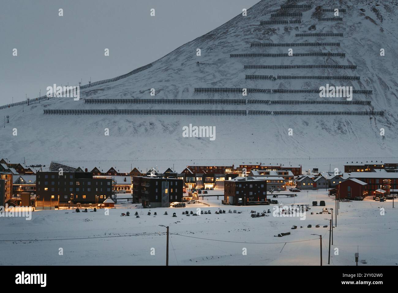 Buildings in the town center of Longyearbyen, Svalbard under avalanche ...