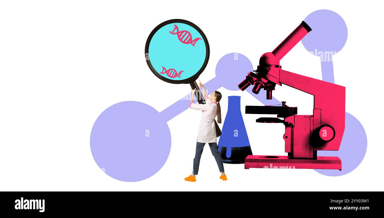 Female scientist holding oversized magnifying glass featuring red DNA ...