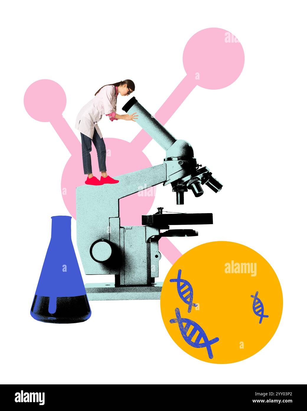Female scientist stands atop large microscope, with lab flask and DNA ...