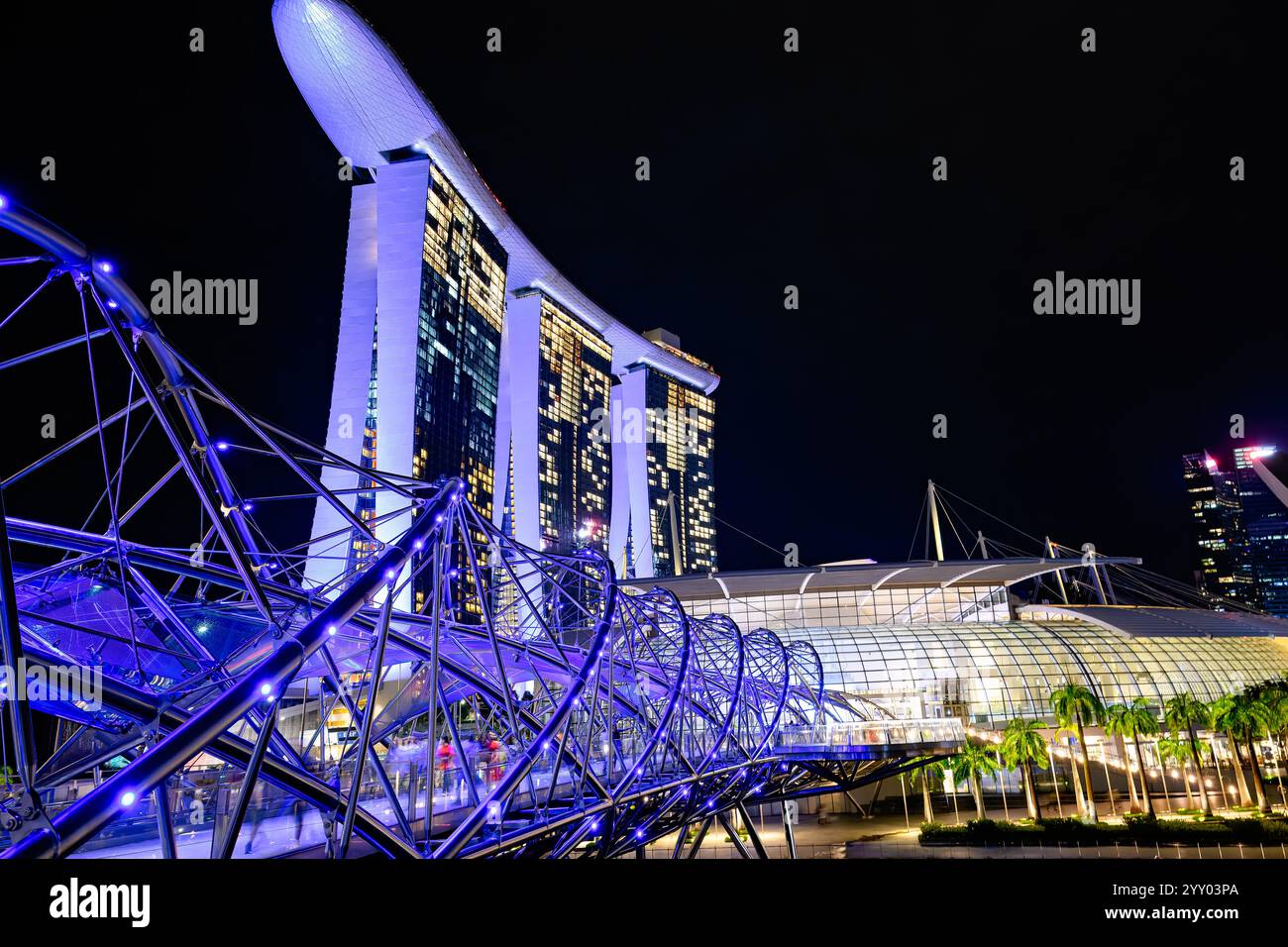 Helix bridge and Marina Bay Sands, Singapore, iconic travel tourist destination landmarks ...