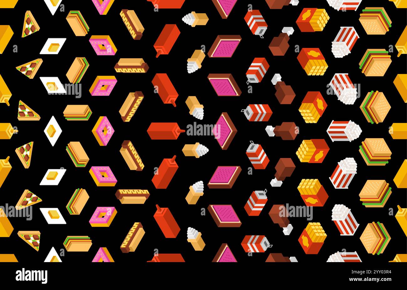 Fast food isometric pattern seamless. Slice of pizza and a donut. Soda ...