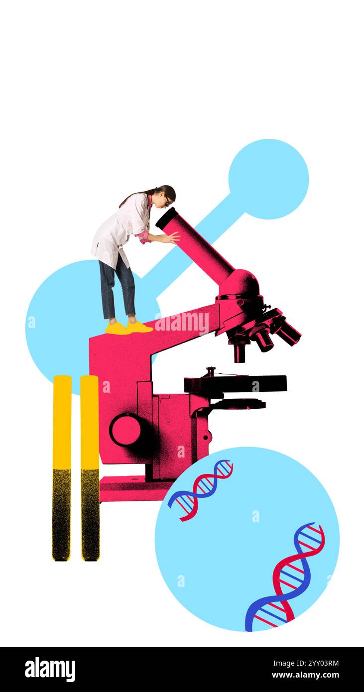 Female scientist standing on microscope with two test tubes and DNA ...