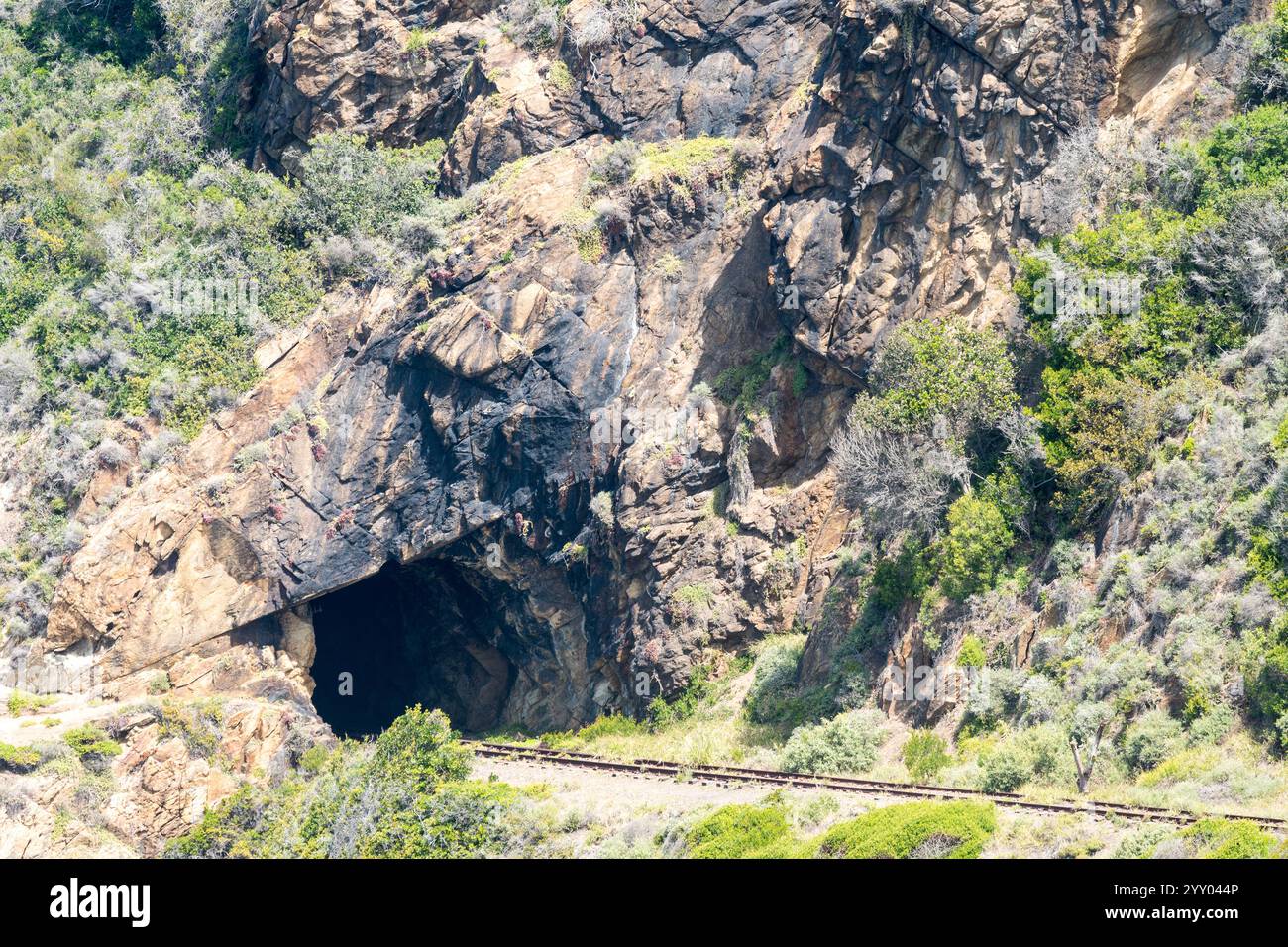 tunnel into rocks or mountainside with railway track or line closeup ...