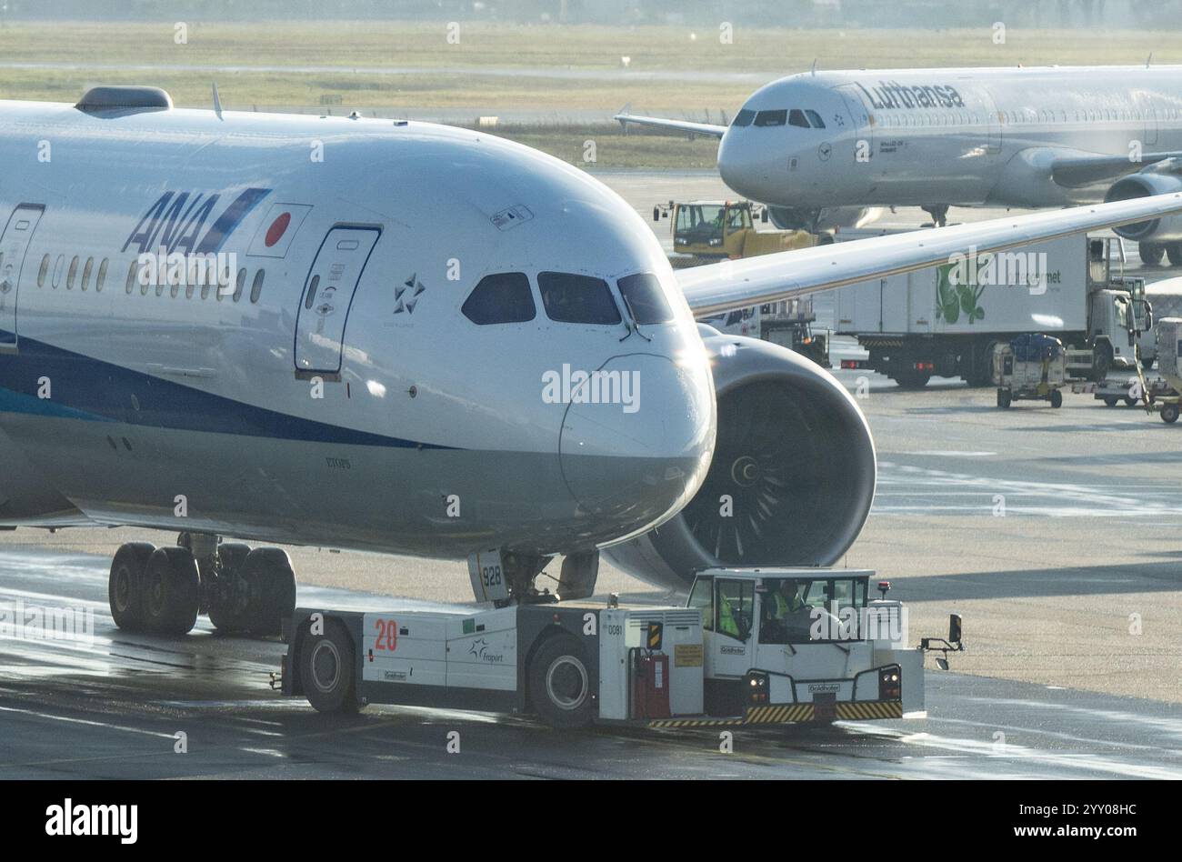 18 December 2024, Hesse, Frankfurt/Main: Passenger planes on the apron ...