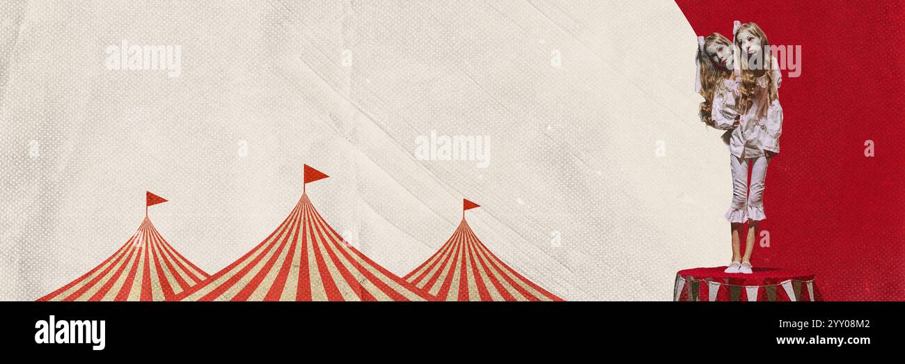 Vintage-style circus design of two-headed girl standing on stage with ...