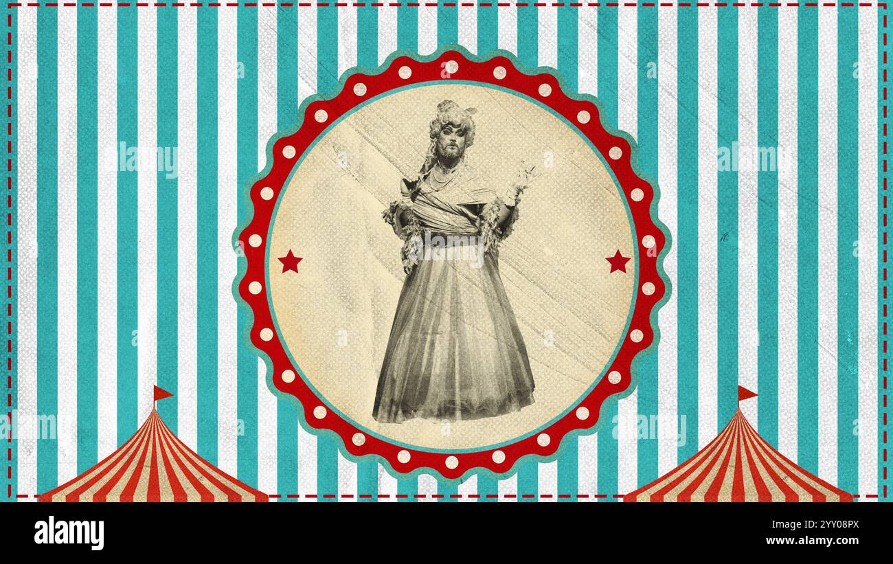 Vintage-style circus poster depicting drag queen performer in dress ...