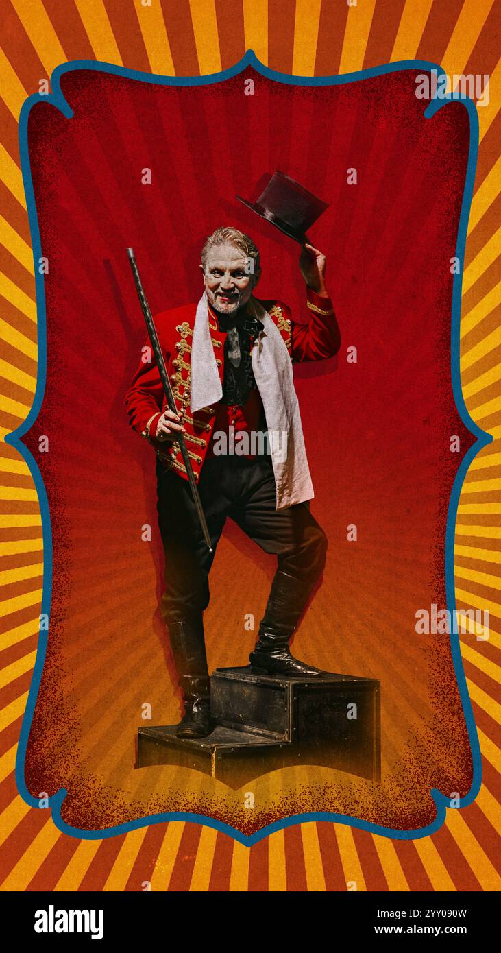 Vintage circus design with ringmaster in red ornate coat holding top ...