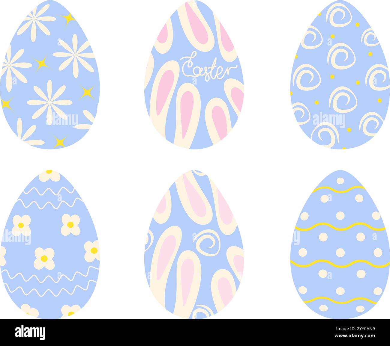 Easter eggs decorated different hand drawn patterns flowers, dots, wave ...