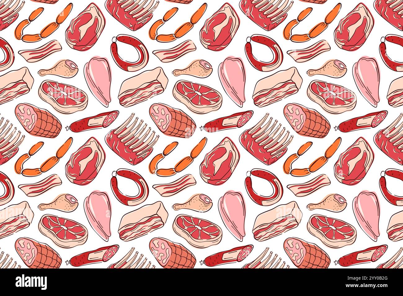 Seamless meat pattern with different cuts in flat style. Ideal for ...