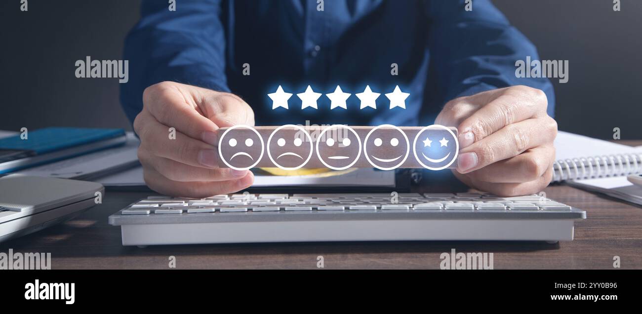 Smiling face and five stars. Feedback. Customer satisfaction Stock ...