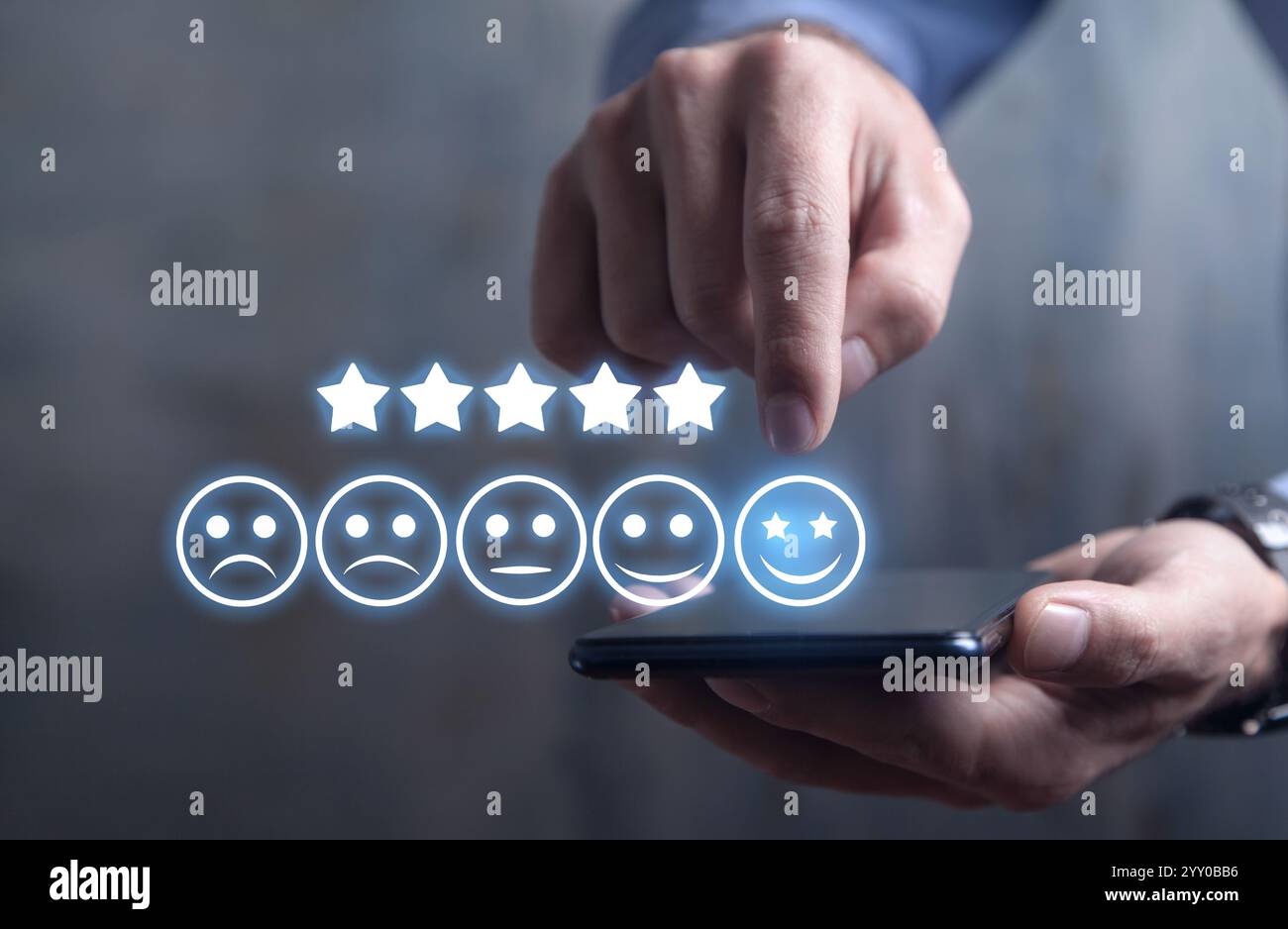 Smiling face and five stars. Feedback. Customer satisfaction Stock ...