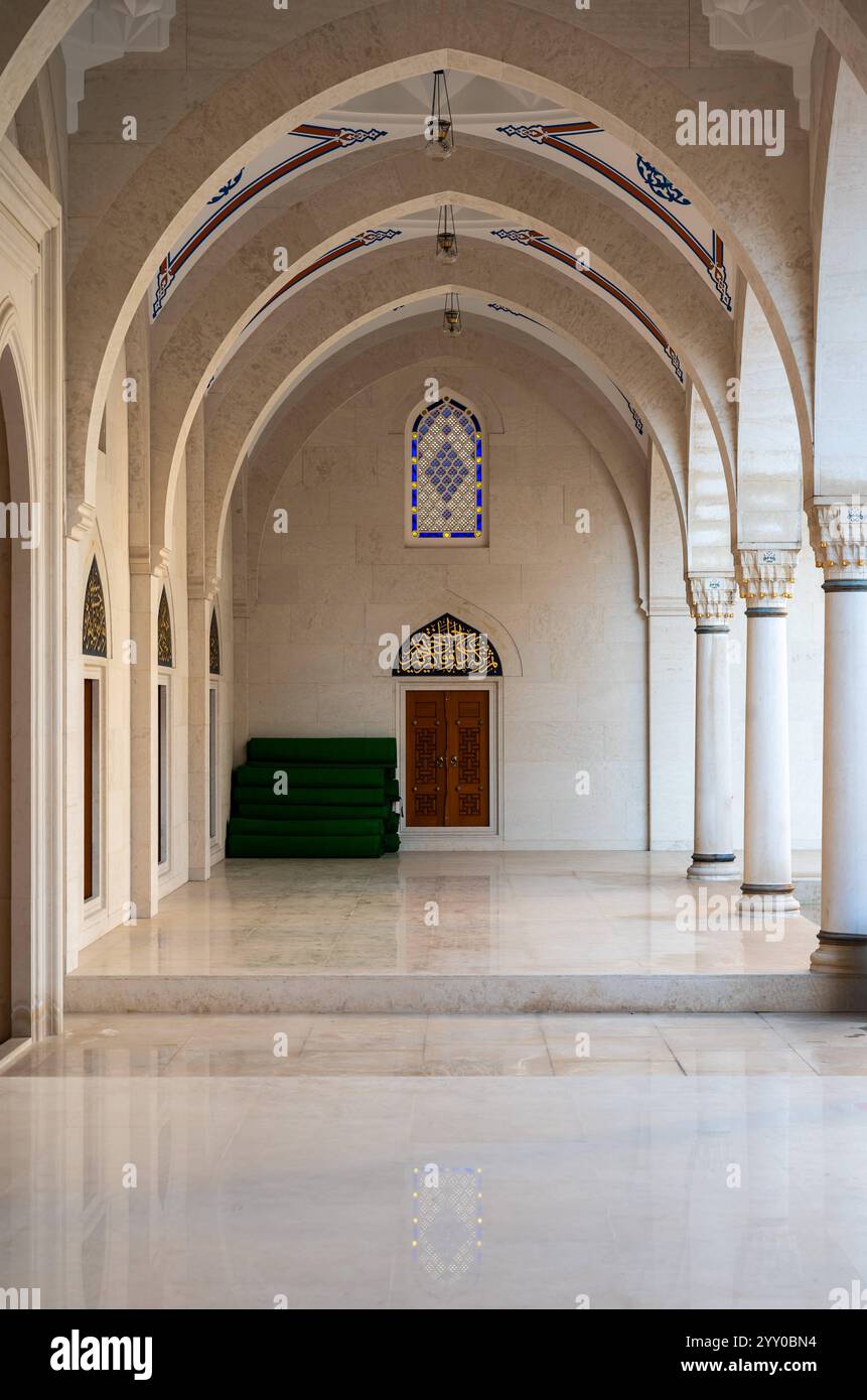 Mosque of Namazgah marble patio inner court with colorful decorations ...