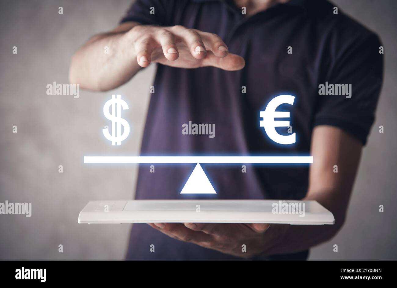 Human showing Dollar and Euro currency signs on scales. Business Stock ...