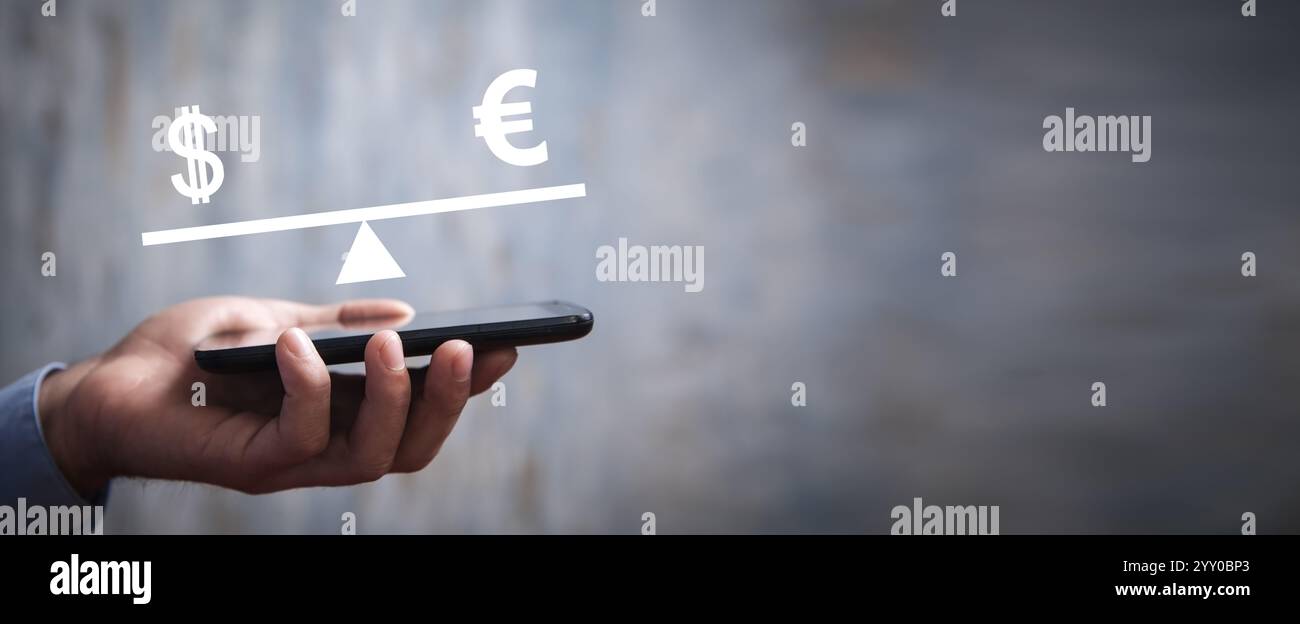 Human showing Dollar and Euro currency signs on scales. Business Stock ...