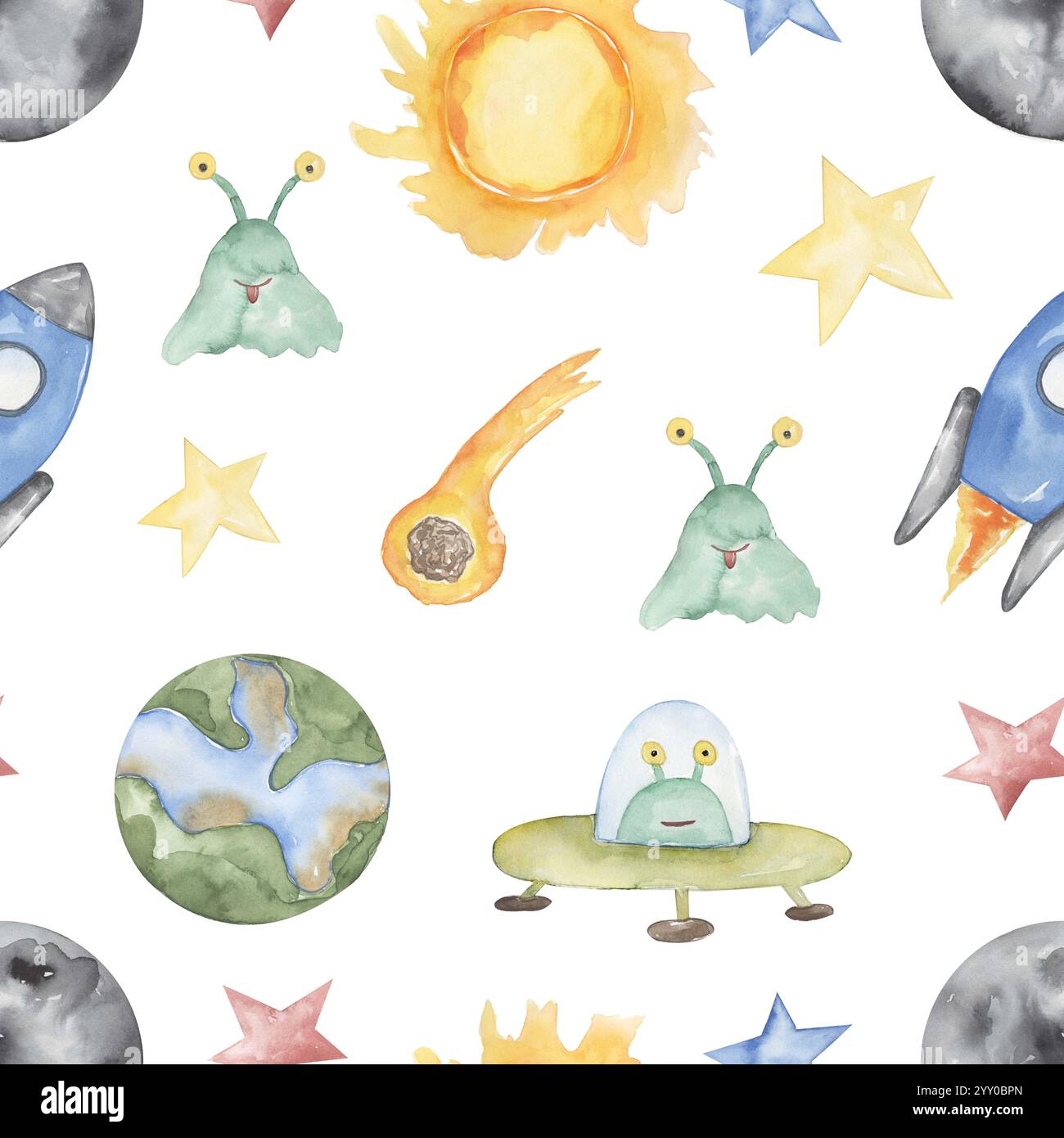 watercolor cute kids space seamless pattern, space ship, alien, earth ...