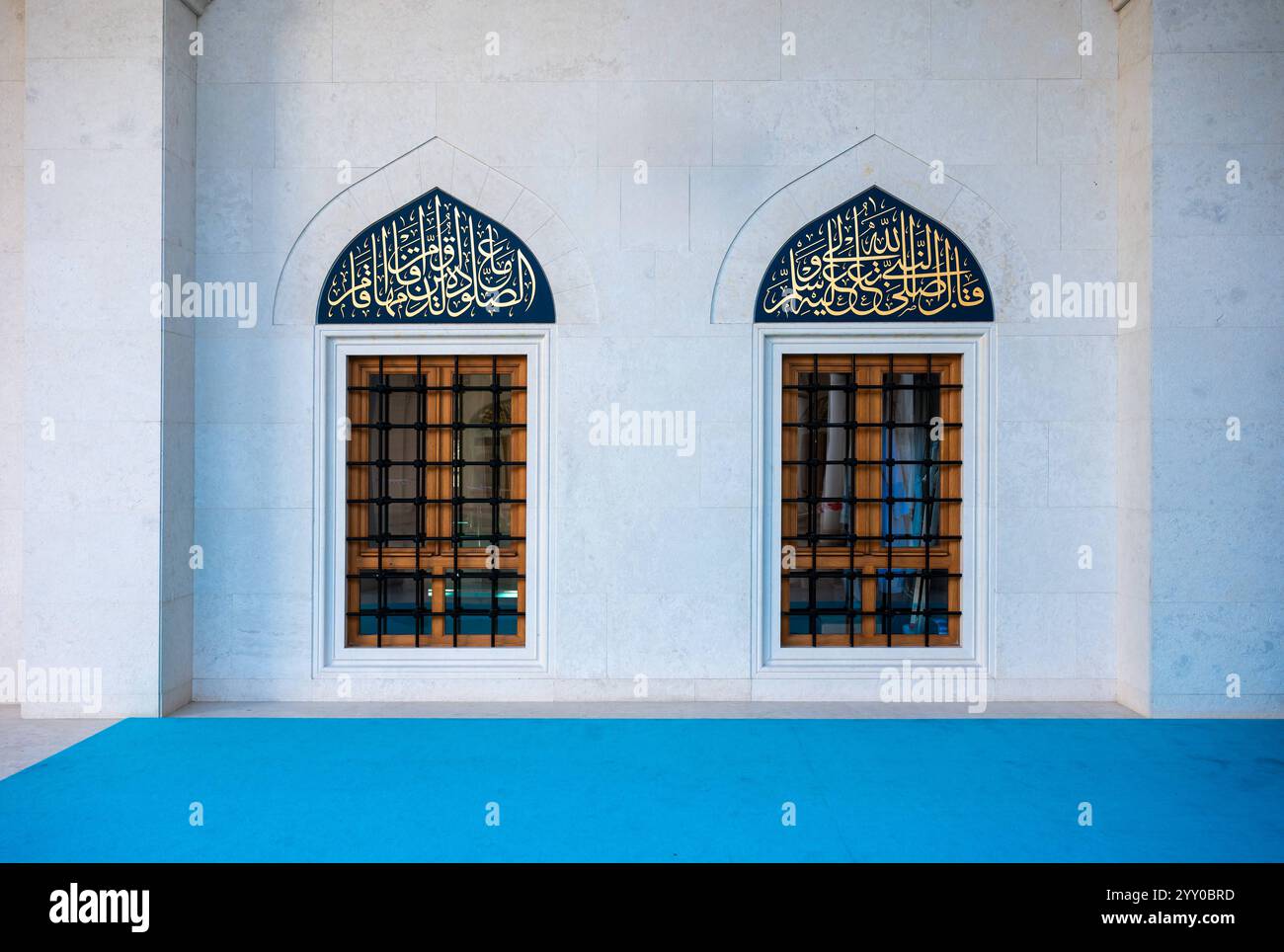 Mosque of Namazgah marble patio inner court with colorful decorations ...