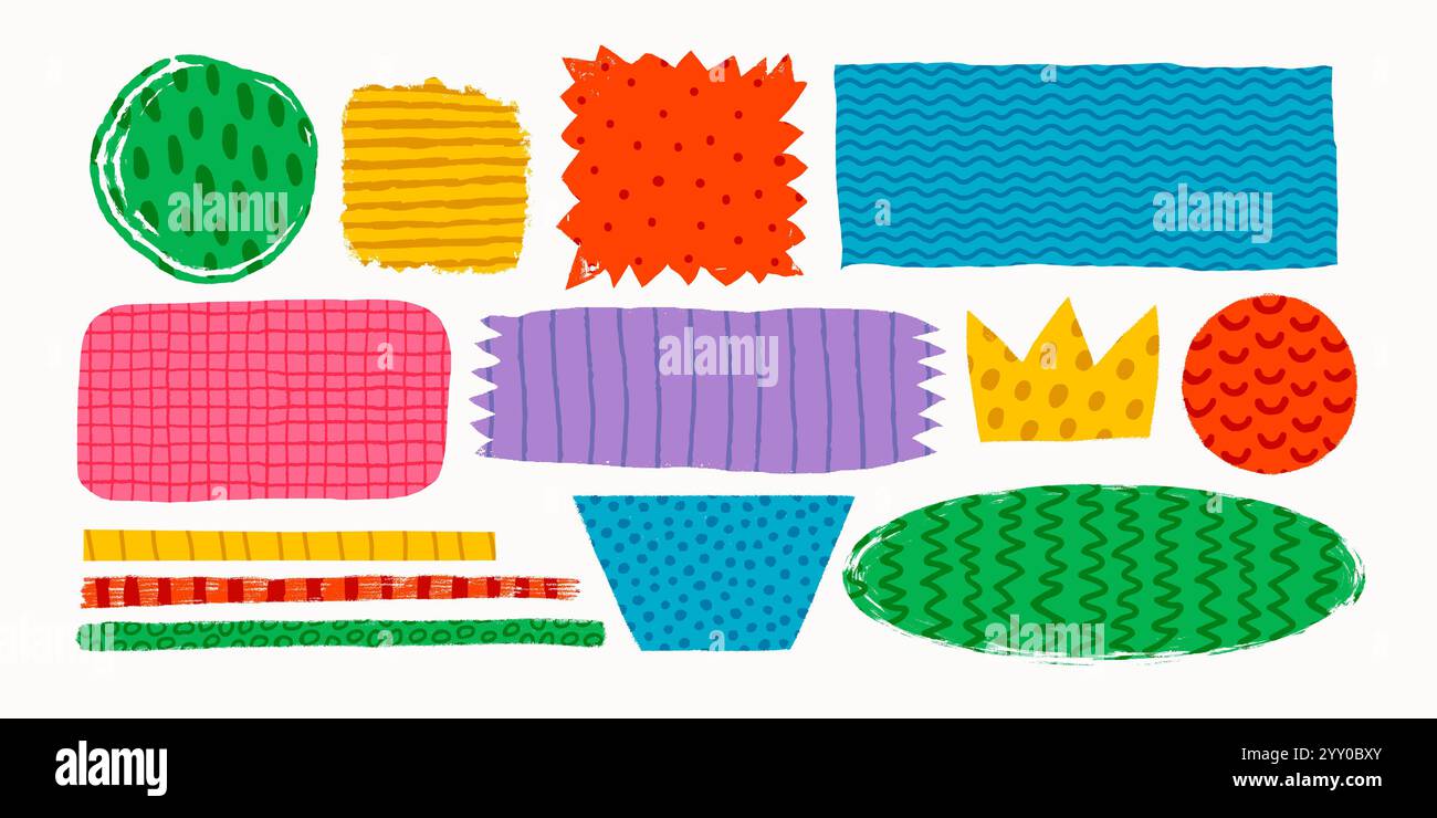 Simple shape stickers with various patterns in rough rustic style. Hand ...