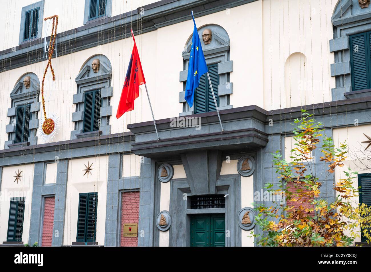 Albanian and European flag at Ministry of energy and infrastructure in ...