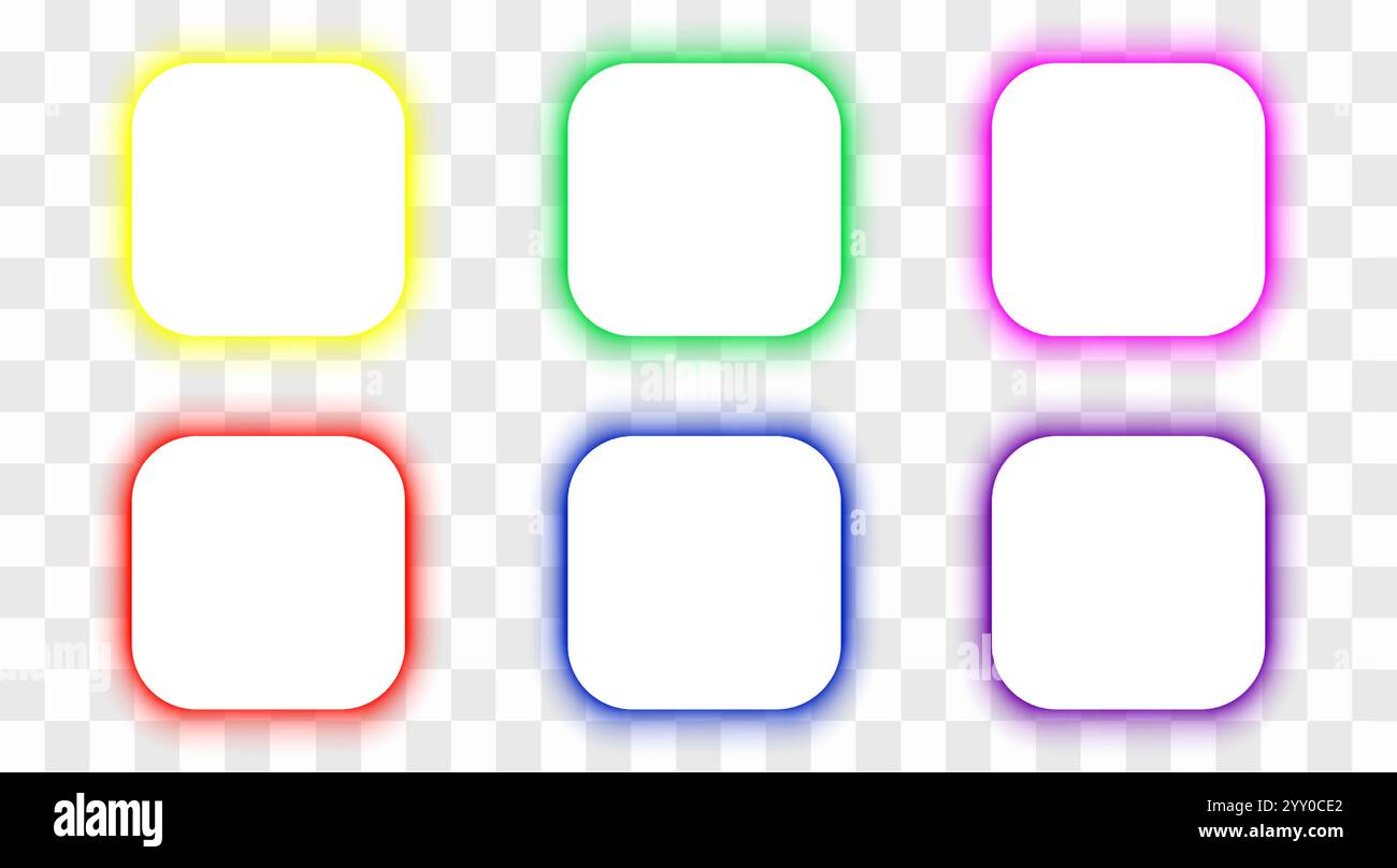 Square white frames with rounded corners with multicolored led panel ...