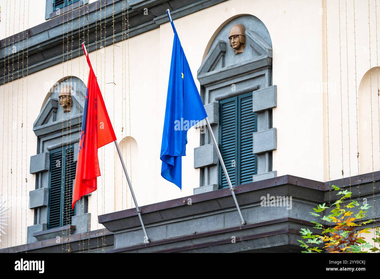 Albanian and European flag at Ministry of energy and infrastructure in ...
