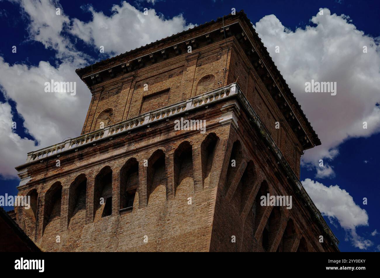 Terracotta bricks and white balustrades of the Castello Estense (Este ...