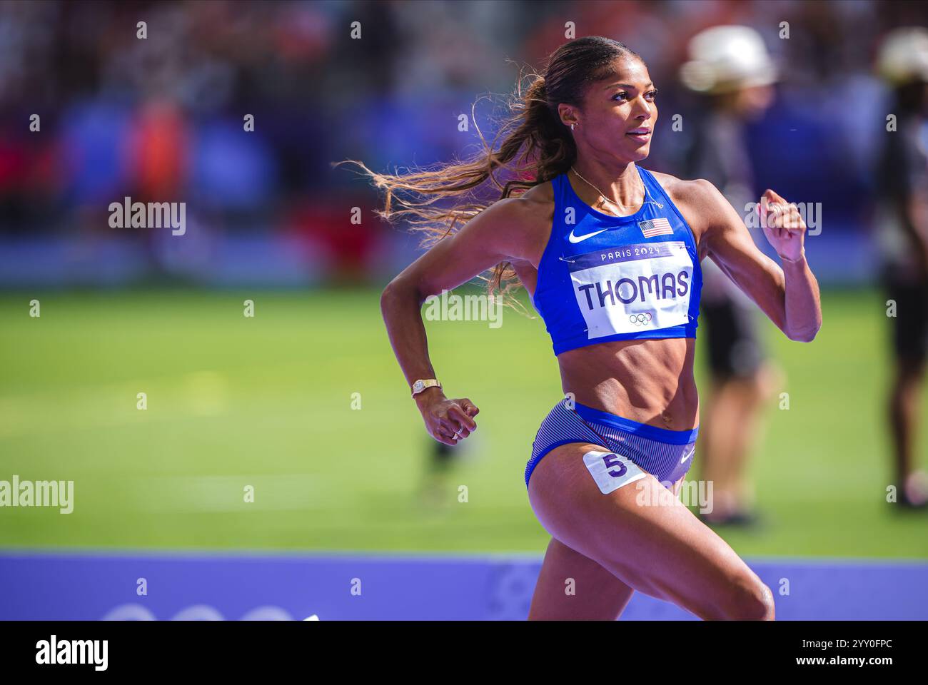 Gabrielle Thomas participating in the 200 meters at the Paris 2024 ...