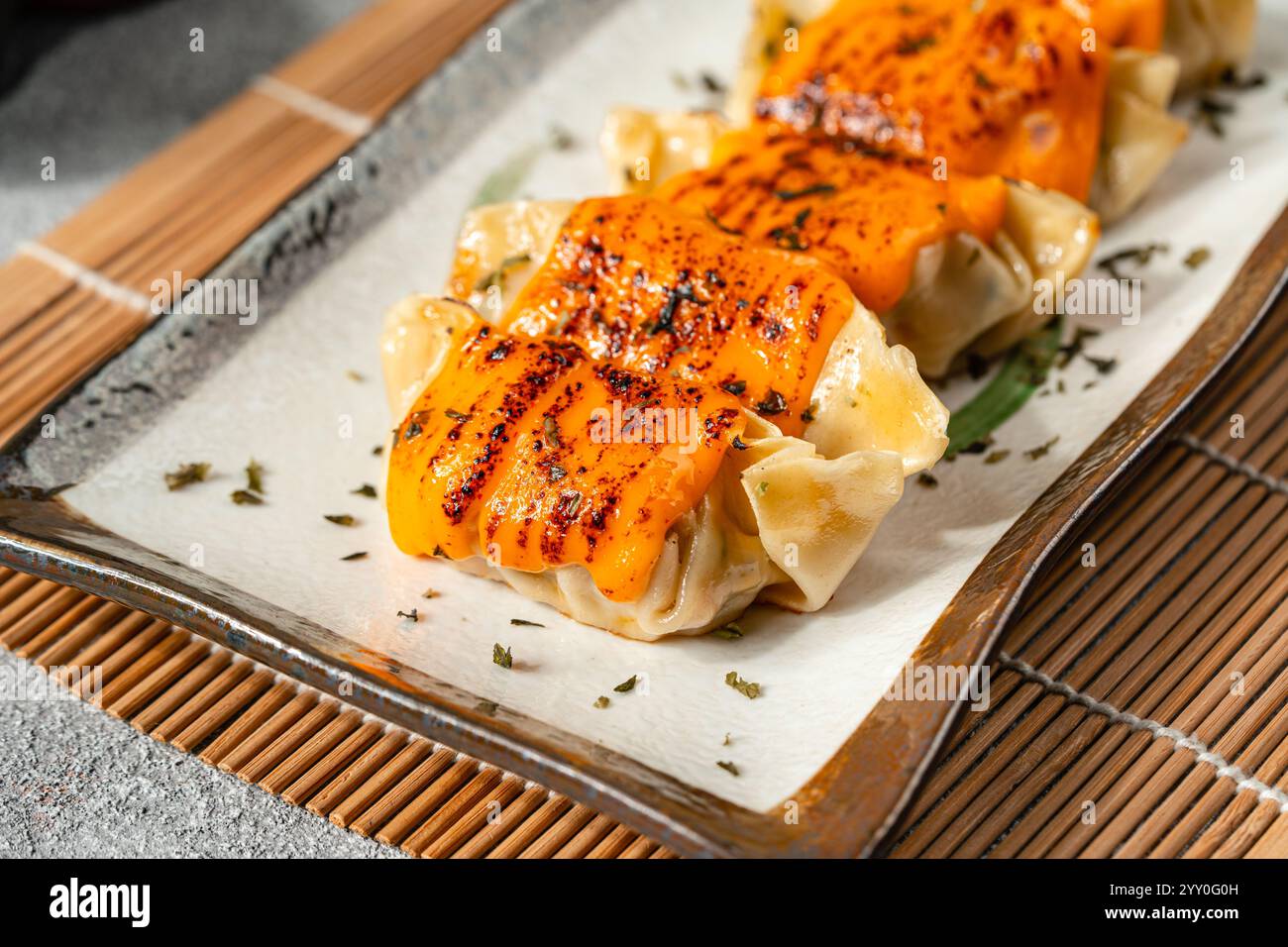 Grilled gyoza japanese dumplings foods with mentai sauce Stock Photo ...