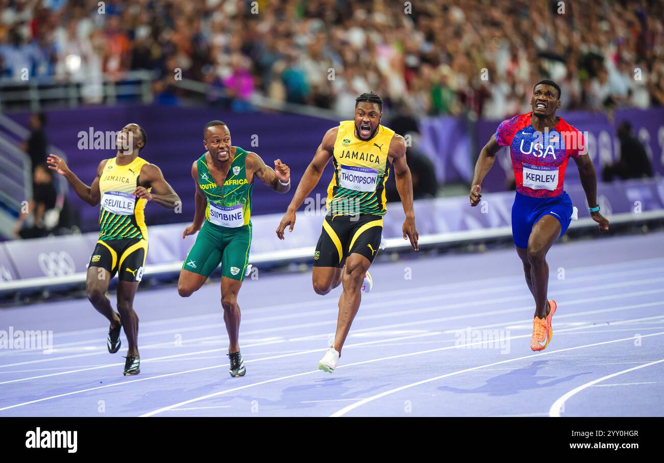 Kishane Thompson participating in the 100 metres at the Paris 2024 ...