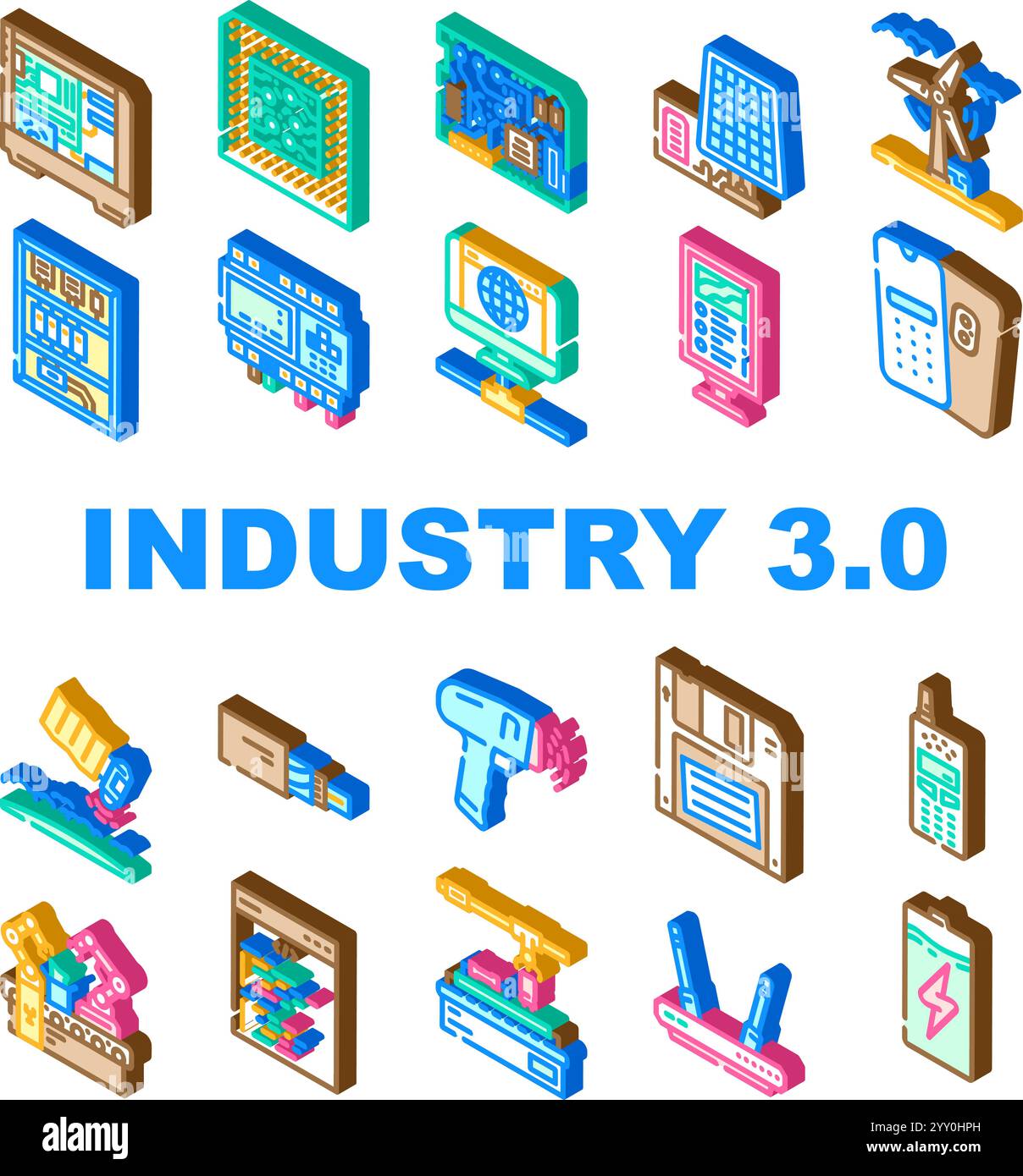industry 3 automation robotics icons set vector Stock Vector Image ...