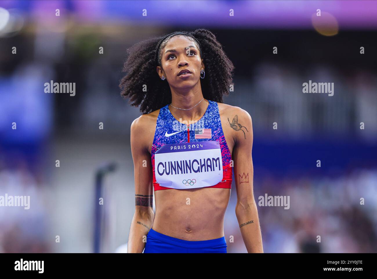 Vashti Cunningham participating in the high jump at the Paris 2024 ...