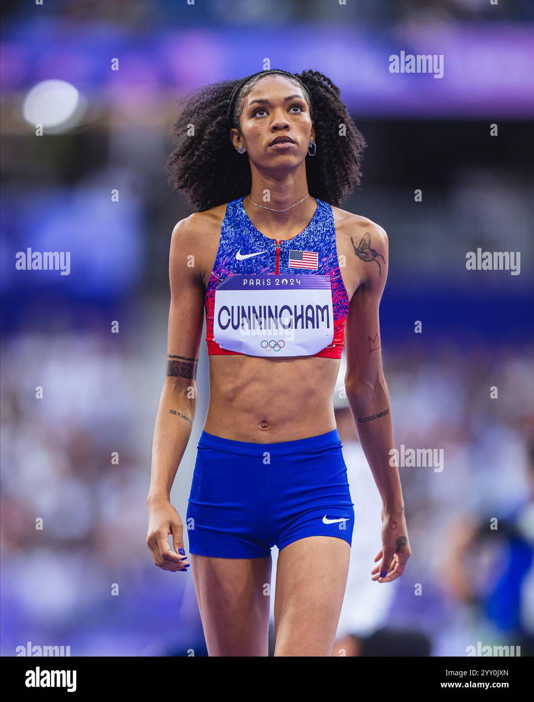 Vashti Cunningham participating in the high jump at the Paris 2024 ...