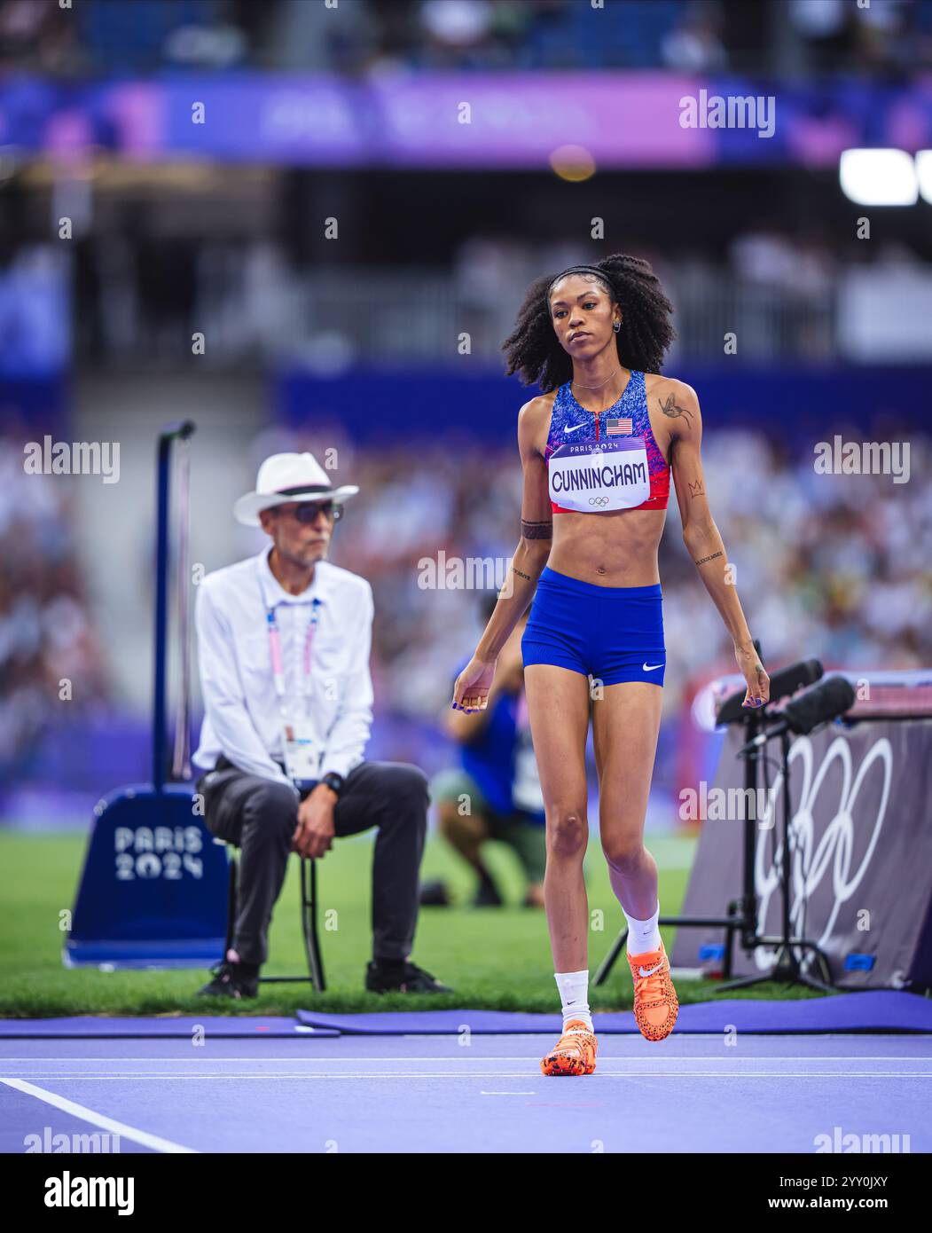 Vashti Cunningham participating in the high jump at the Paris 2024 ...
