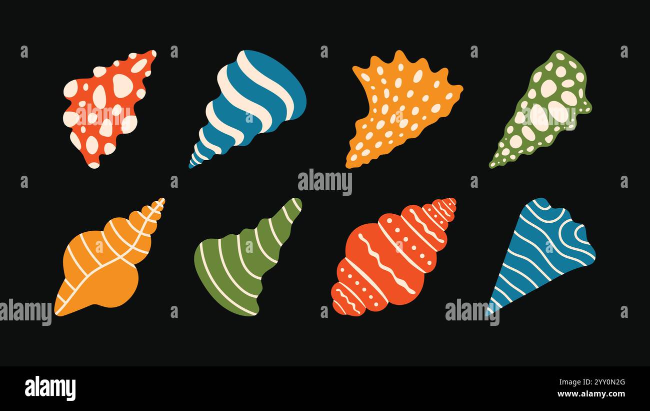 Vibrant seashell vector illustrations in various colors and patterns ...