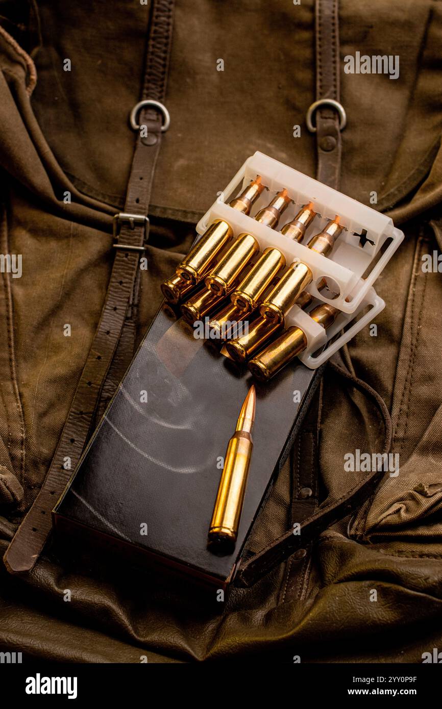 Rifle bullets in a plastic holder, placed on a leather bag, showcasing military equipment and ...