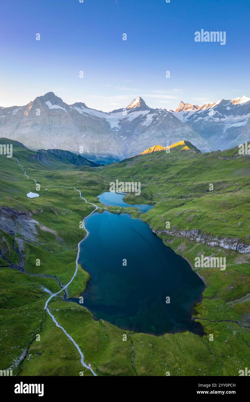 Aerial view of the Bachalpsee lake during a summer sunset. Grindelwald ...
