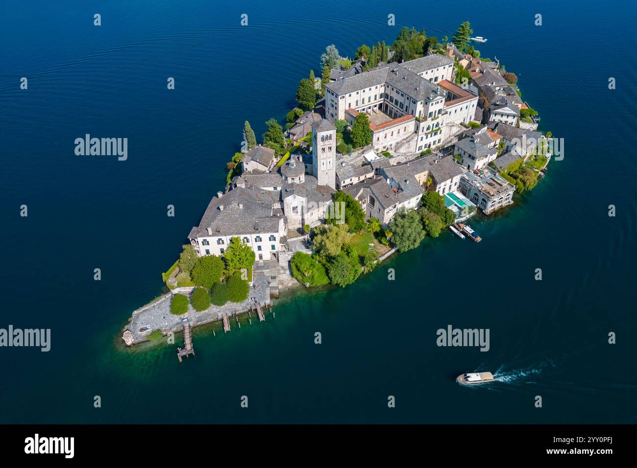 Aerial view of San Giulio island and Lake Orta in the summer. Orta Lake ...