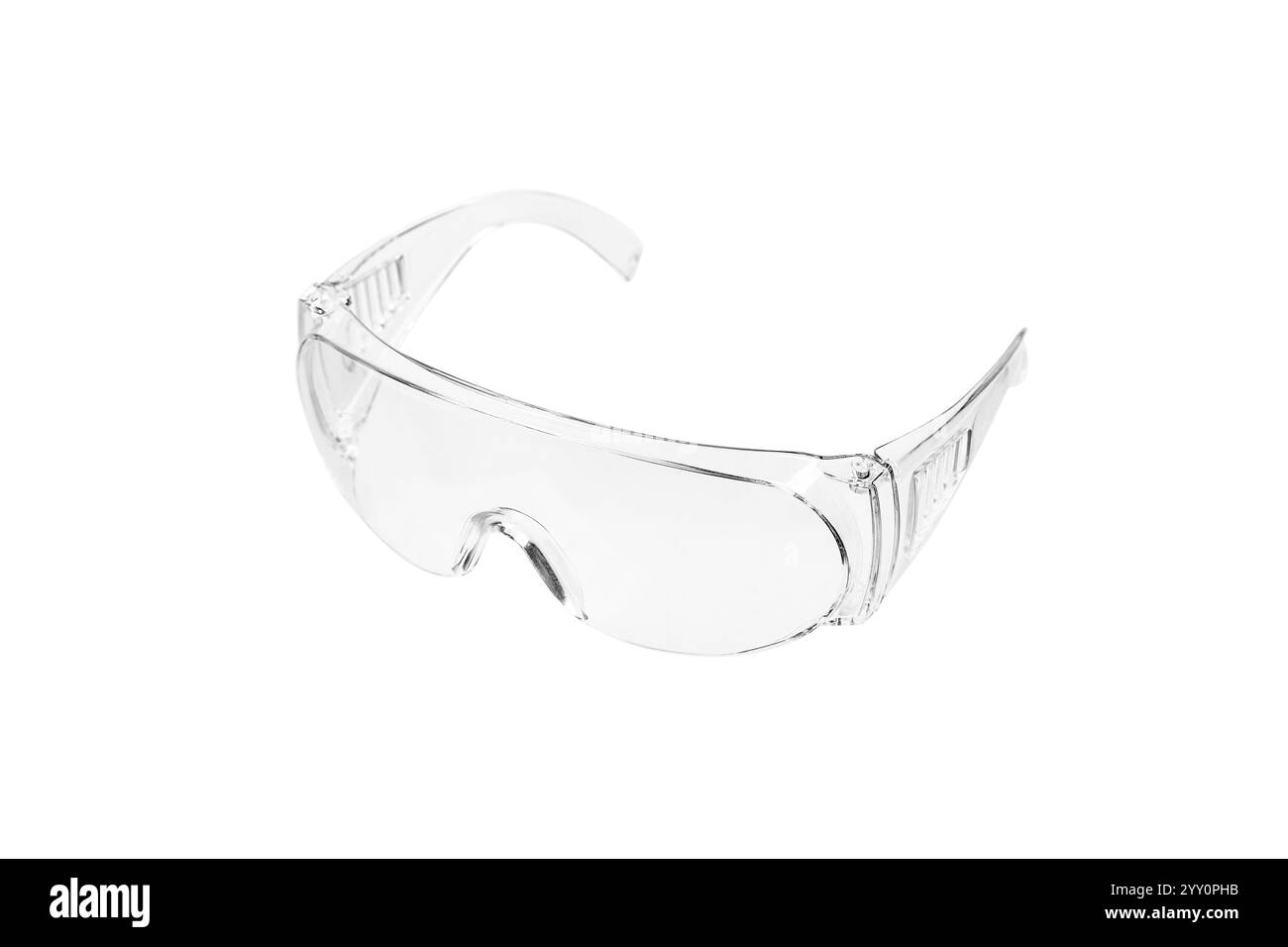 Clear safety goggles with wraparound design, transparent lenses, and ...