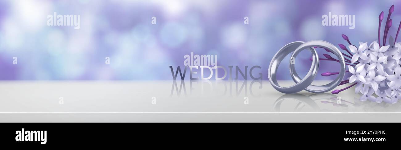 Wedding banner template with engagement rings and lilac flowers on ...