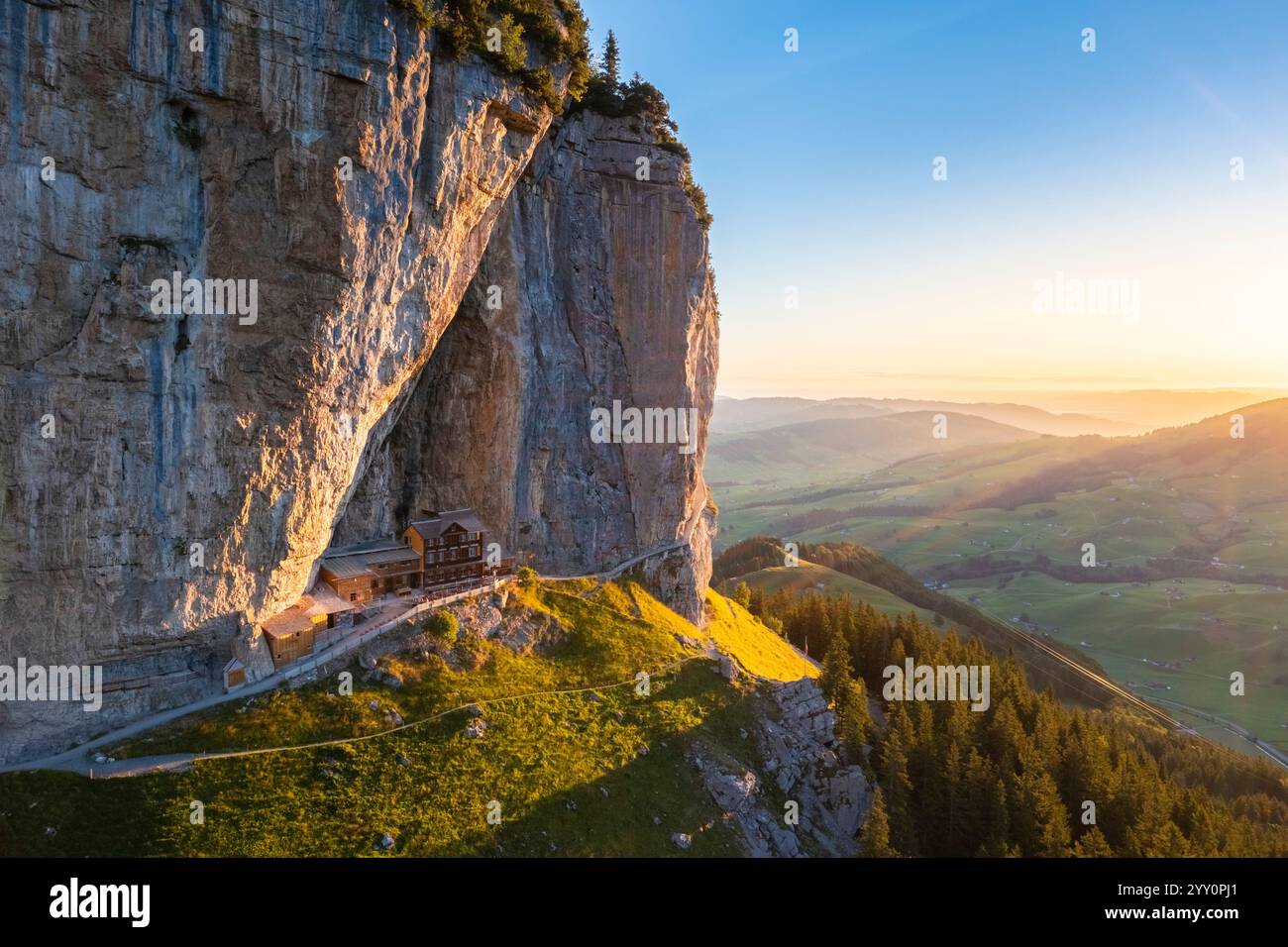 Aerial view of Berggasthaus Aescher at sunrise, Canton of Appenzell ...