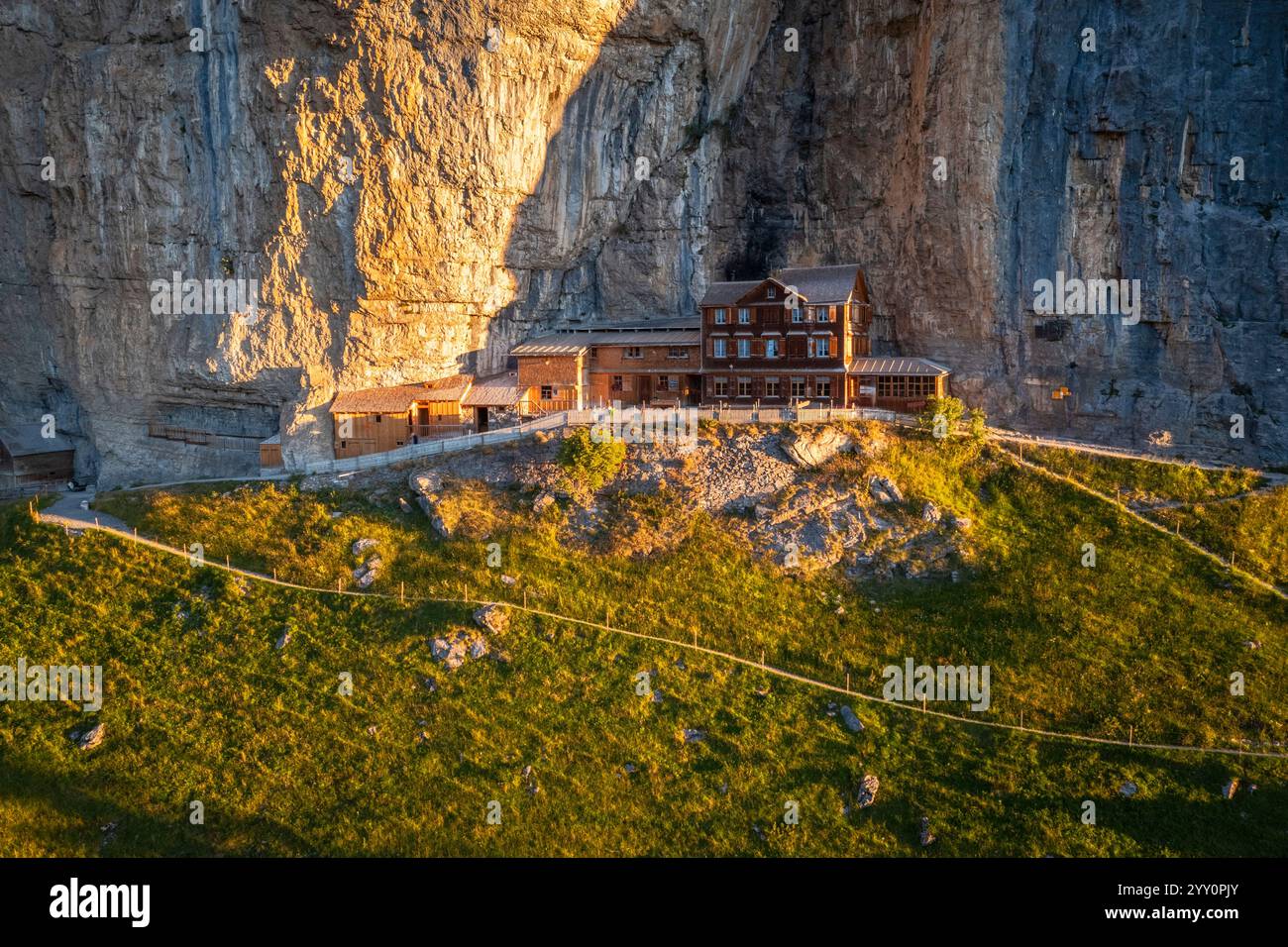 Aerial view of Berggasthaus Aescher at sunrise, Canton of Appenzell ...