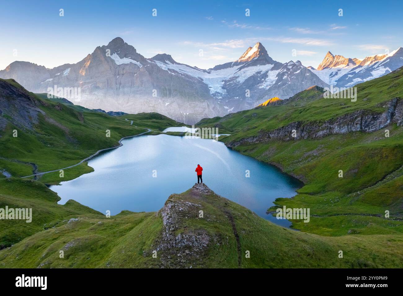 Aerial view of the Bachalpsee lake during a summer sunset. Grindelwald ...