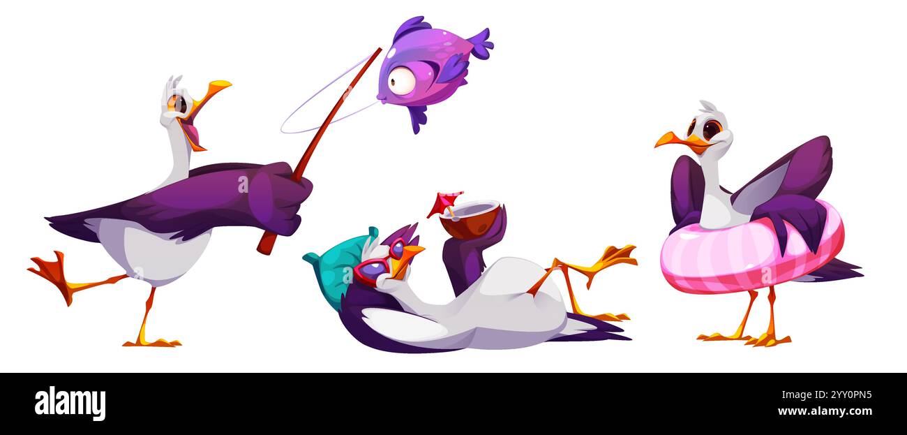 Seagull characters set isolated on white background. Vector cartoon ...
