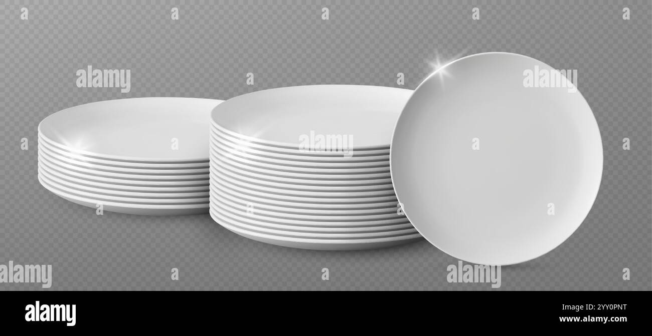 Pile of white clean plate. Kitchen dish stack. Porcelain dinner ...