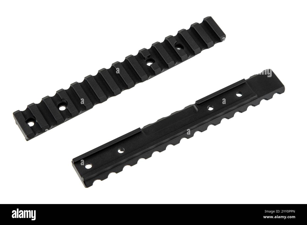 A black Picatinny rail section with multiple slots and mounting holes ...