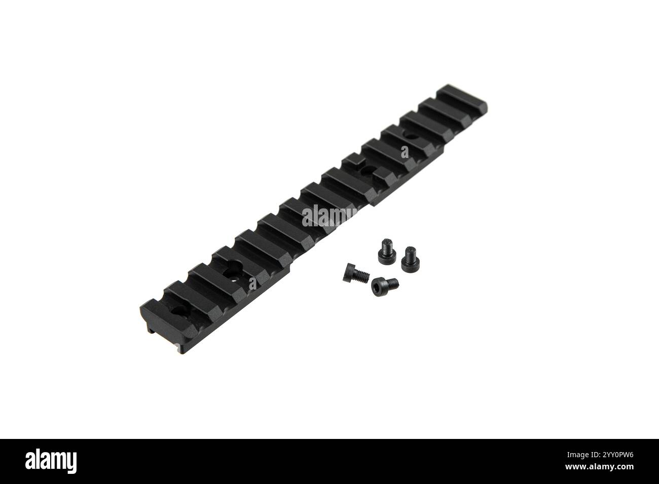 A black Picatinny rail section with multiple slots and mounting holes ...