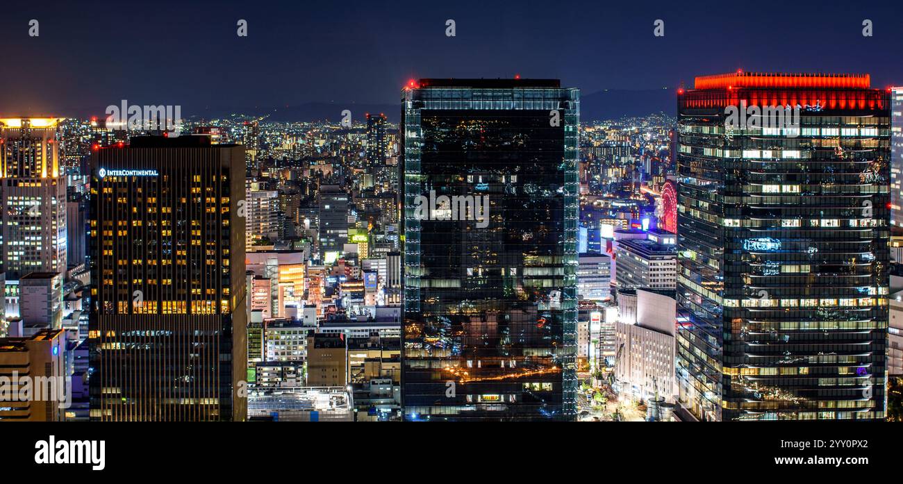Cityscape night view of Osaka downtown from Umeda Sky Building ...
