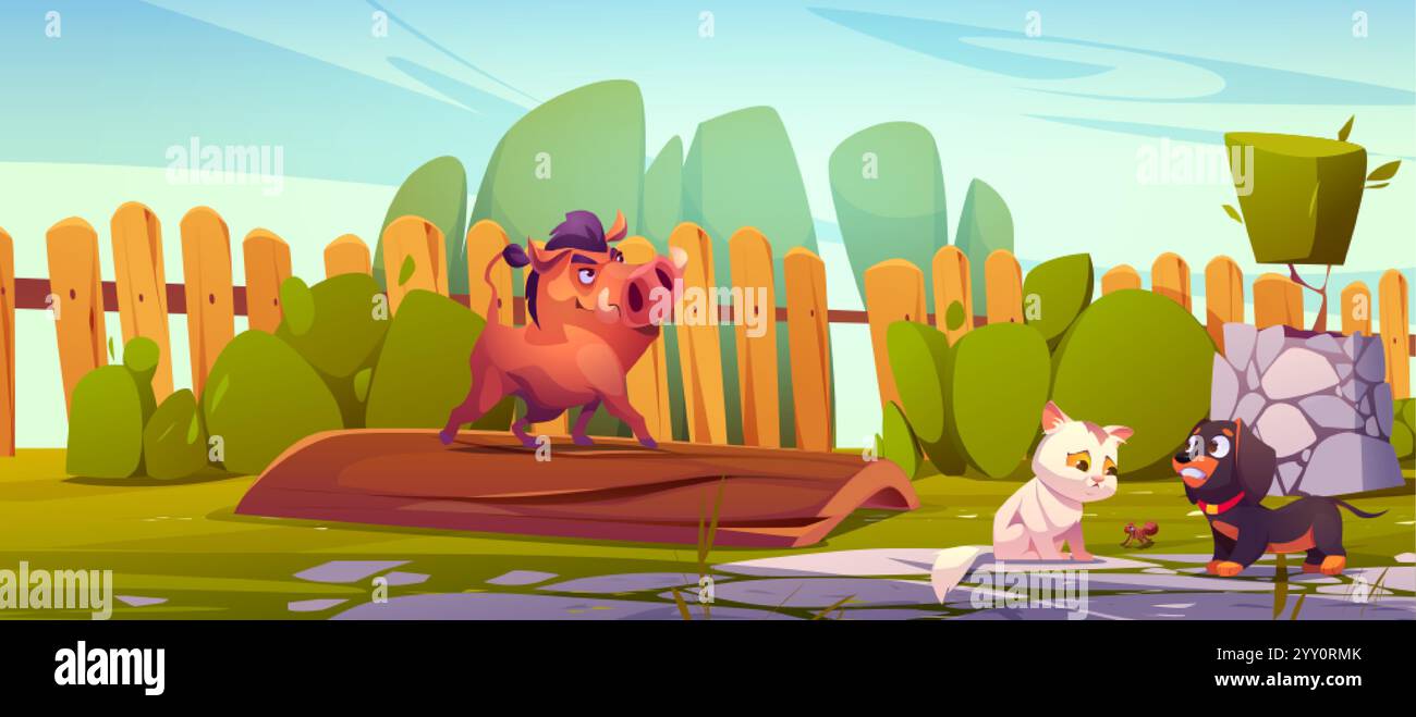 Cute animals in summer garden. Vector cartoon illustration of sad cat ...