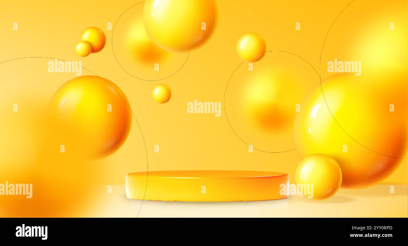 Bright yellow studio room interior scene with cylinder podium for ...