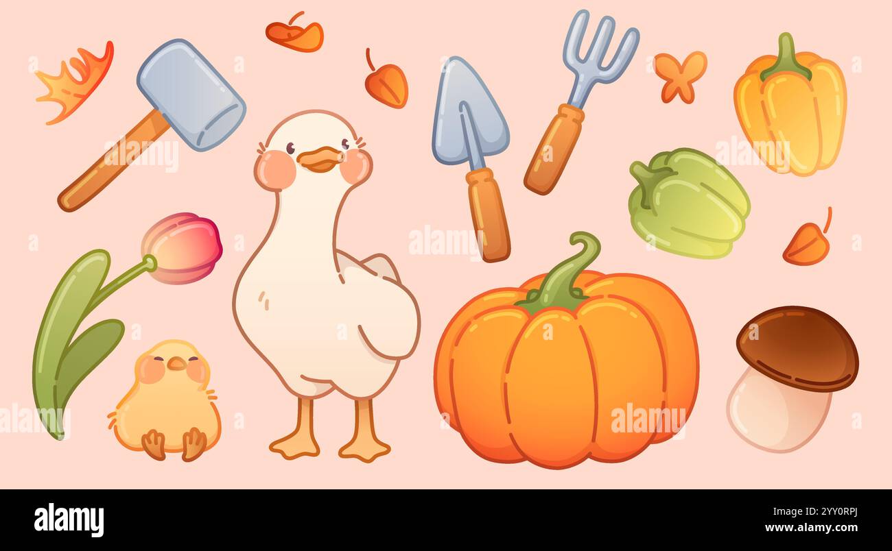 Cute farm themed illustration with cartoon duck and baby chick, garden ...